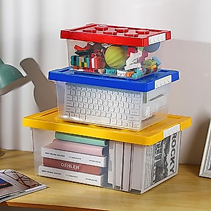 Thyle 18.9'' 3 Pcs Toy Storage Organizer Bins with Lid Toy Organizer Clear Stackable Storage Bins Box Plastic Brick Shaped Containers for Organizing Kids Crafts Puzzles Building Blocks, Yellow, Blue