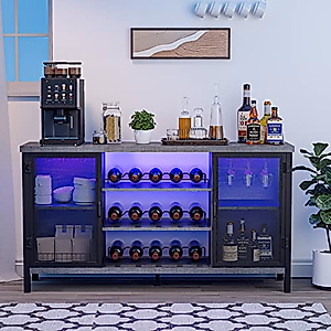 SOSPIRO Bar Cabinet with Wine Rack, LED Lights Industrial Coffee Bar Cabinet for Liquor and Glasses, Liquor Cabinet Bar for Home, Wine Bar Cabinet with Adjustable Shelves (Grey)