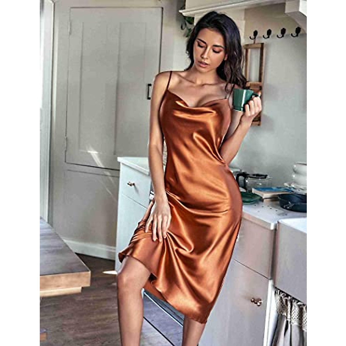 Ekouaer Women's Satin Nightgown Adjustable Sleeveless Spaghetti Strap Silky Satin Midi Slip Dress Silk Sleepwear Sleepwear Nightshirts Rust Brown