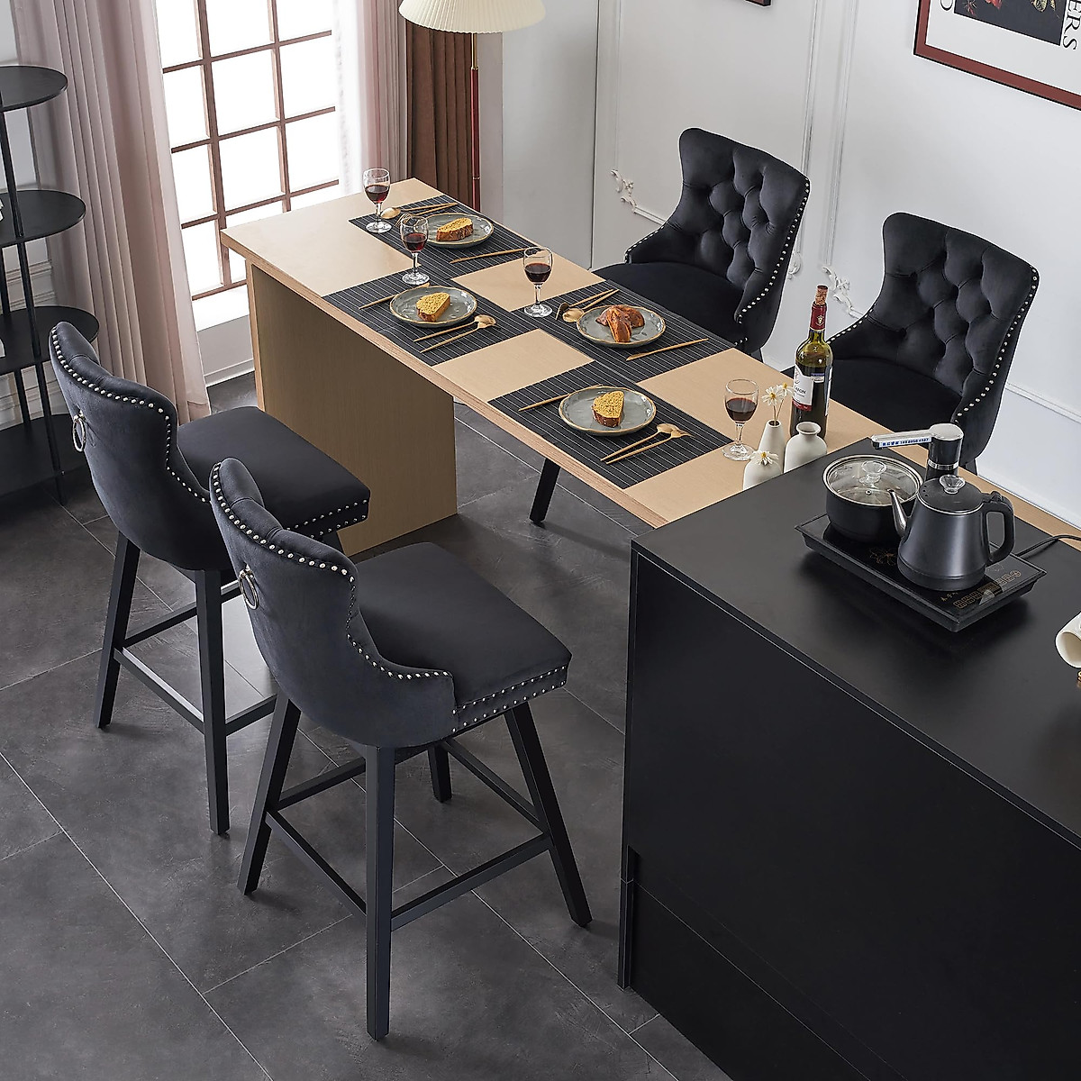 Fahomiss Swivel Bar Stools, Barstool Set of 4 with Back, Bar Height Stools, Black Barstools for Kitchen Island, Counter Height Velvet Bar Stools with Upholstered Seat, Wood Legs for Home Bar