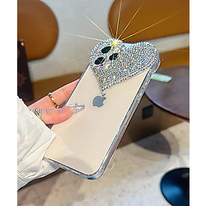Clear Glitter Case Compatible with iPhone 14 Pro Max, 3D Heart Design Phone Cover with Girly Bling Diamond Rhinestone Sparkle Loving Hearts Slim Fit Soft Shockproof Protective Case for Women Girls