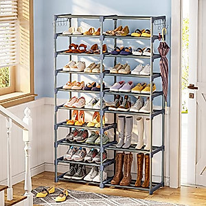 Tribesigns Shoe Rack Organizer, 36-44 Pairs Shoe Storage Shelf, 10 Tiers Shoe Stand, Shoe Rack for Closet, Boot Organizer with 2 Hooks, Stackable Shoe Tower