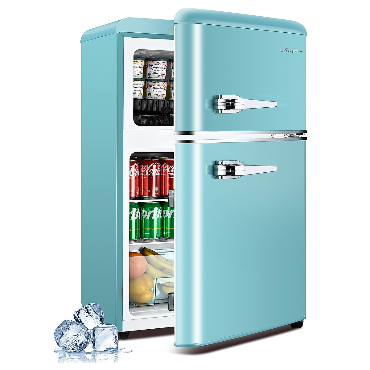 Anypro 3.2 Cu.Ft Compact Refrigerator, Mini Fridge with Freezer, Retro Double Door Small Fridge, 7 AdjustableTemperature Settings, Removable Shelves, Small Refrigerator for Dorm, Office, Bedroom, Blue