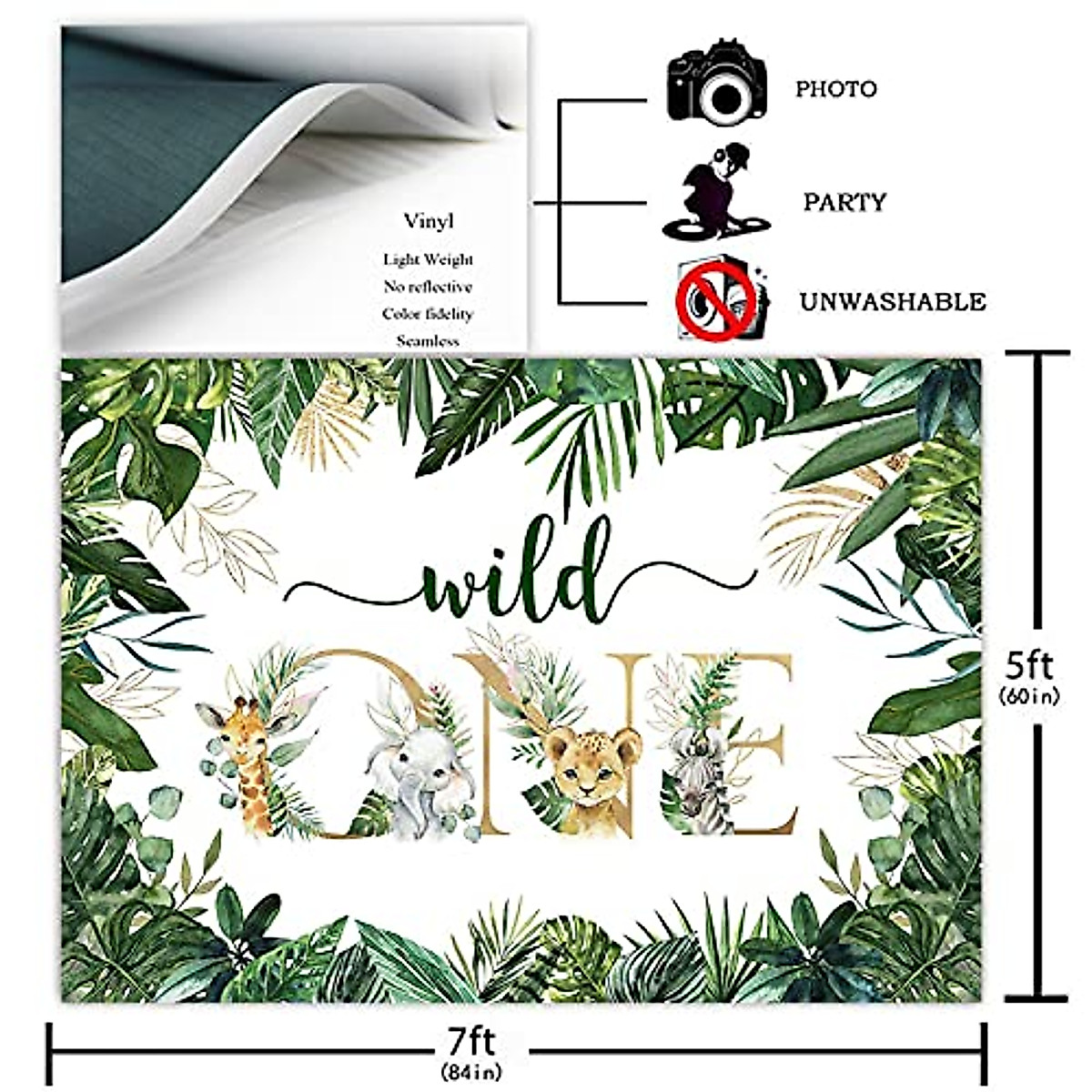 Avezano Safari Wild One Backdrop for Boy Jungle Animal First Birthday Party Photography Background Green Gold Wild One 1st Birthday Photoshoot Party Decorations Backdrop (7x5ft)