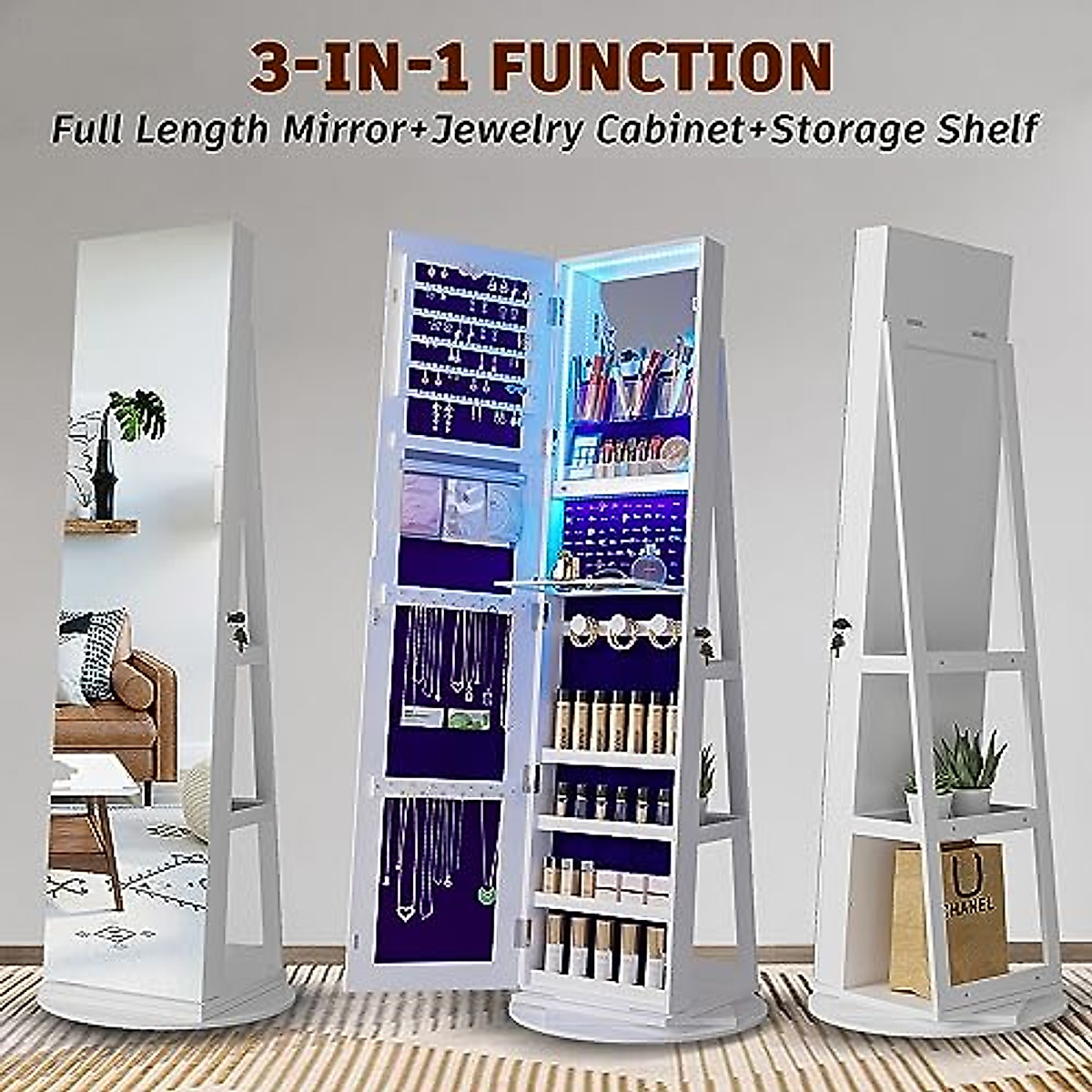 FOMNEY 360° Swivel Jewelry Armoire with Mirror, 63" H Full Length Mirror with LED Lights, Jewelry Cabinet/Organizer with Makeup Shelf for Bedroom (White)