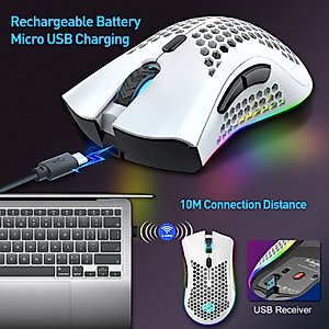 HETOETF Wireless Gaming Mouse Lightweight Honeycomb Design, Rechargeable RGB Backlight Computer Mouse with USB Receiver,Adjustable DPI,2.4GHz Wireless Mouse for PC/Mac/Laptop