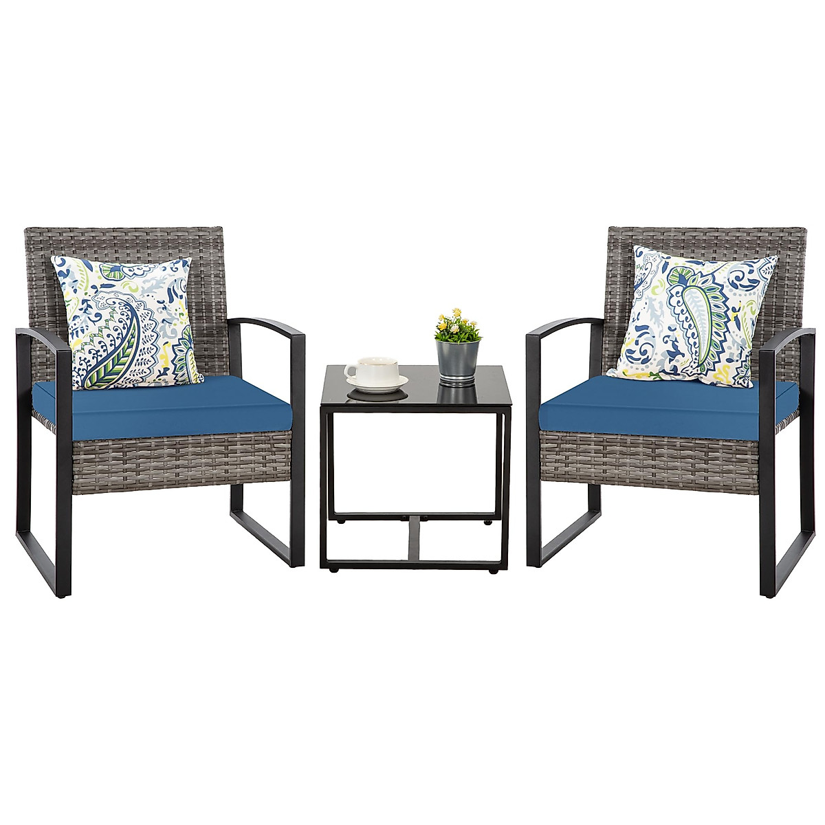 Seogwisam 3 Pieces Patio Furniture Set, Outdoor Wicker Conversation Bistro Set w/ 2 Chairs, 2 Cushions, Glass Coffee Table for Garden Balcony Backyard Porch Lawn - Grey Wicker & Blue Cushions
