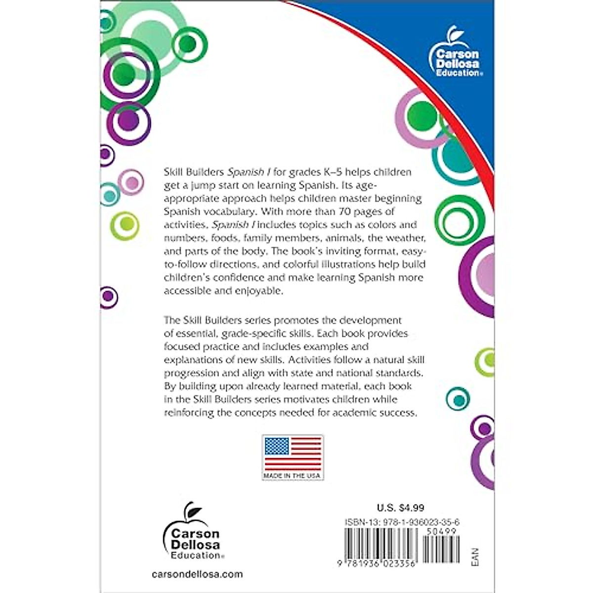 Carson Dellosa Skill Builders Grades K–5 Spanish Workbook for Kids, Spanish Vocabulary Builder for Kids Ages 5-11, Kindergarten―5th Grade Workbook, Learn Spanish Numbers, Alphabet, Vocabulary & More