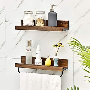 WELLAND Dayton Floating Shelves Set of 2 Wood Picture Ledge Wall Mounted Storage Shelf with Hooks for Kitchen, Bathroom