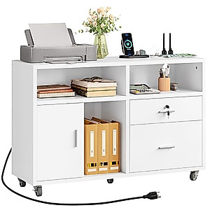 YITAHOME Wood Lateral File Cabinet, 2 Drawer Mobile Storage Cabinet, Fits A4, Letter and Legal Printer Stand with Open Storage Shelves, Modern Filing Cabinet for Home Office, White