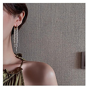 Long Pearl Earrings for Women 14k Gold Plated Pearl Dangle Tassel Earrings Sterling Silver Post Long Pearl Drop Earrings for Prom (Gold)