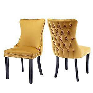 Velvet Upholstered Dining Chairs Set of 2 Wingback Kitchen Room Accent Chairs Solid Wood Leg Dinner Chairs with Nailhead Trim Button Tufted Back,Stylish,Luxury and Elegant (Golden Yellow)