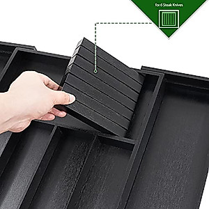 VaeFae Bamboo Silverware Drawer Organizer Kitchen, Expandable Utensil Holder and Cutlery Tray with Divider | 13"-21.6" Flatware Storage and Removable Knife Block (Black)