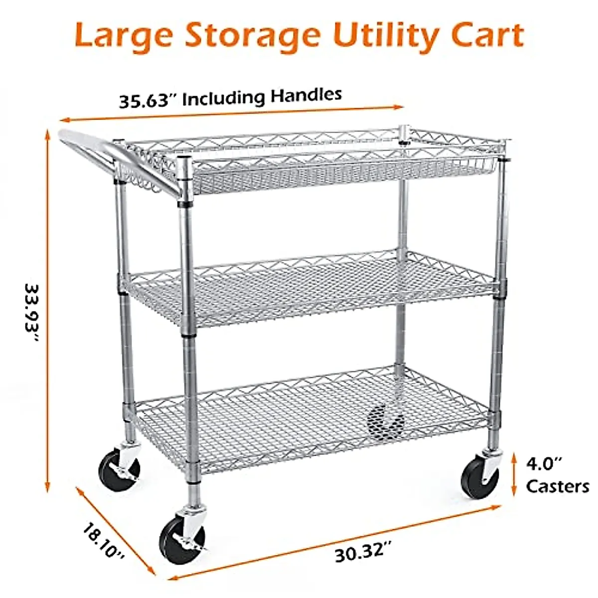 WDT Heavy Duty 3 Tier Rolling Utility Cart, Kitchen Metal Utility Carts with Handle Bar, Utility Shelf Plant Display Shelf Food Cart Storage Trolley with Wheels, Silver