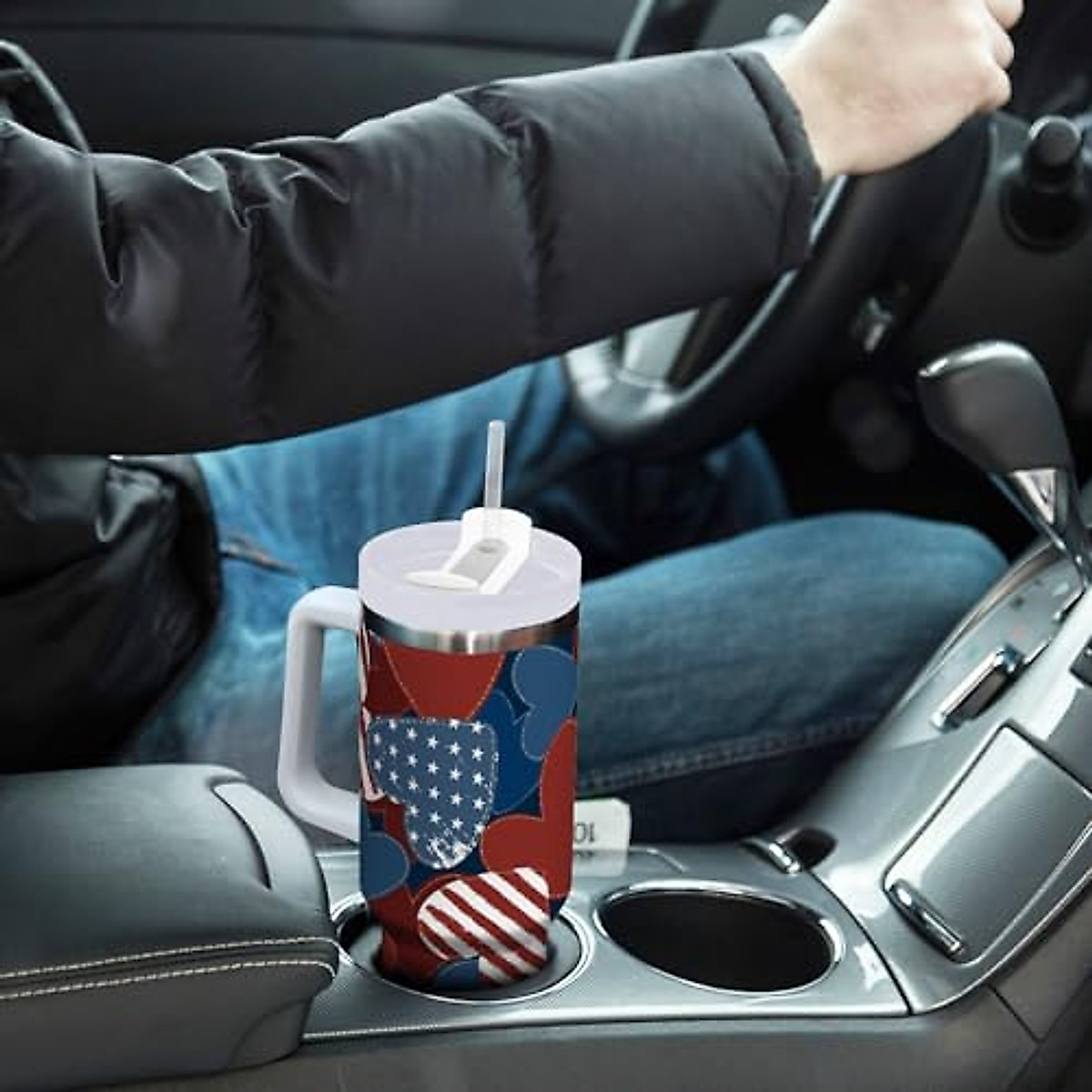 MCHIVER American Flag Heart 40 oz Tumbler with Handle and Straw Stainless Steel Vacuum Water Bottle Leak-proof Travel Coffee Mug Insulated Tumbler for Office Home Car