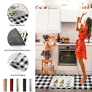 Rural Garden Sunflower Gnomes White Black Buffalo Plaid Kitchen Rug Runner Rug Kitchen Floor Mats Non Slip Area Rug for Living Room Bath Doormat Indoor Carpet Set (16x23.5IN+16x47IN)