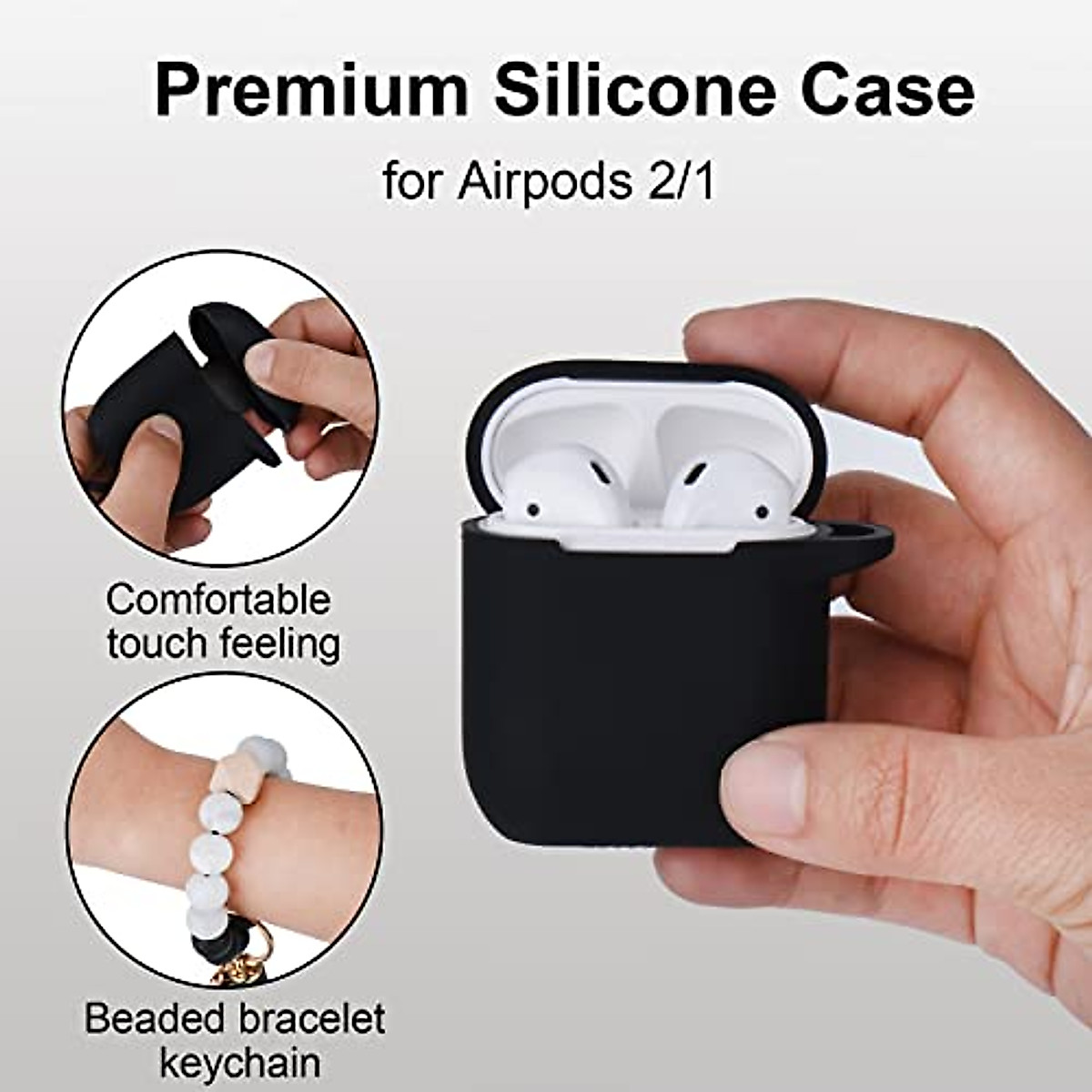 Enbiawit Silicone Airpods Case Cover,Compatible with AirPods 1/2 Case,Silicone Protective Case with Bracelet Keychain(Black)