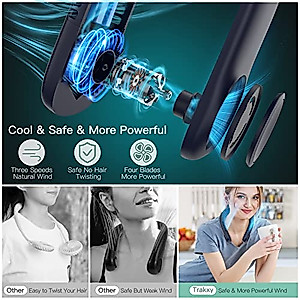 Trakxy Four Blades Foldable Neck Fan 2022 New Version, 4000 mAh Battery Powered Bladeless Neck Fan, Upgraded Four Blades Super Strong Wind Portable Fan for Outdoor Sports, Home, Office, Travel-Blue