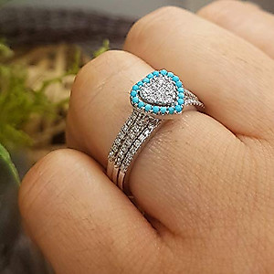 Dazzlingrock Collection Round Turquoise & White Diamond Ladies Heart Shaped Wedding Ring Set in 14K White Gold, Size 7