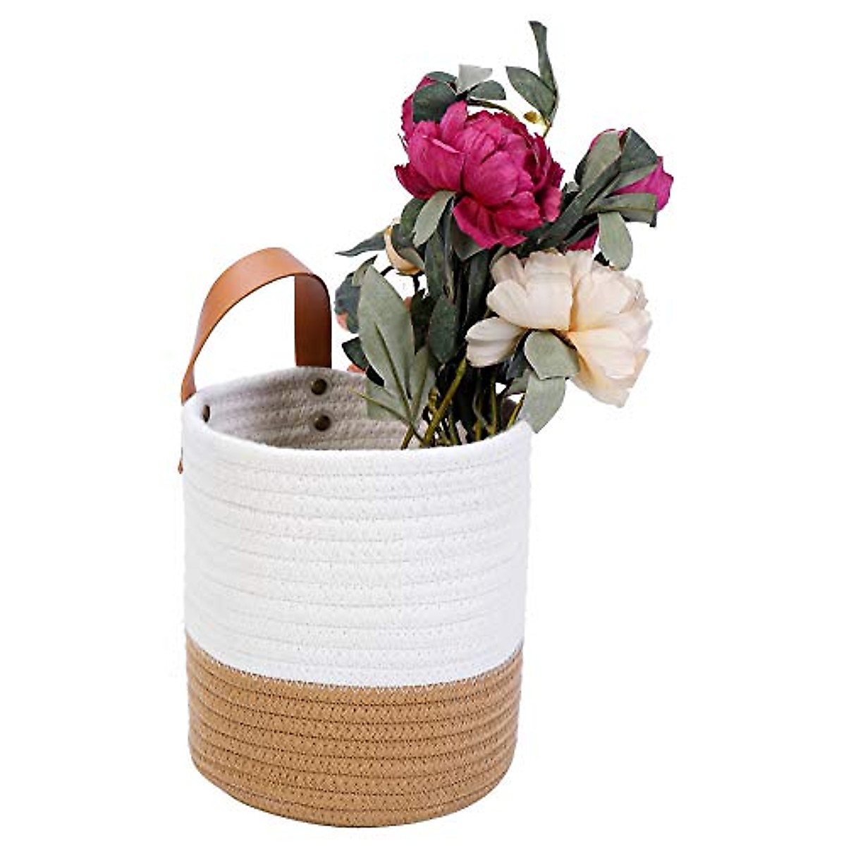 Hanging Basket - Wall Hanging Baskets for Organizing - Hanging Storage Woven Wall Basket - Small Wicker Wall Baskets for Wall Decor - Hanging Planter Baskets 6.3" x 7" (White and Brown)