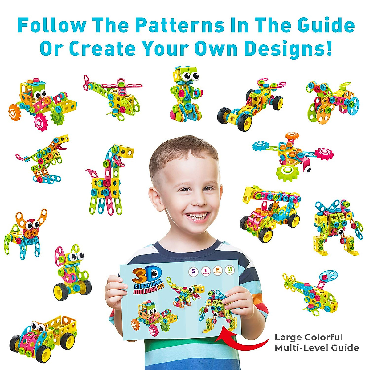 MOBI-US Toys 260 Piece STEM Learning Toys Kids Construction Engineering Kit Building Block Toy Blocks Children Early Education Playset Power Drill w/Free IdeaBook, Clickable Ratchet, Age 3+ US-T260