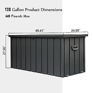 Domi 120 Gallon Deck Box, Lockable Outdoor Waterproof Storage Box Large Outside Storage Container Bin with Galvanized Steel for Bedroom Pillow, Garden Tool, Dark Gray