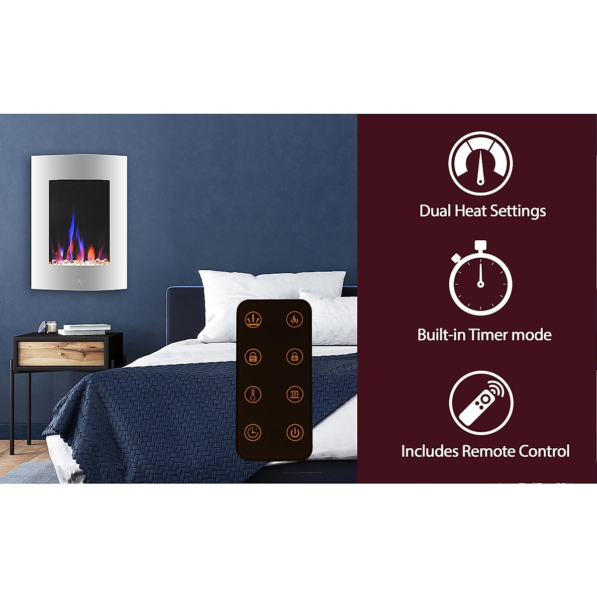 Cambridge 19.5" Curved Vertical Color Changing Wall Mount Electric Fireplace with Crystal LED Display, Remote