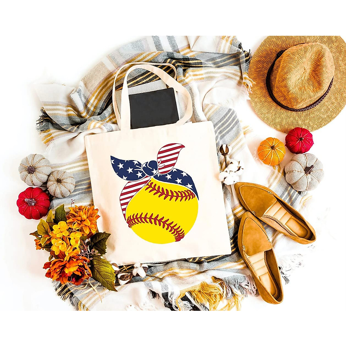 GXVUIS Softball Canvas Tote Bag for Women American Flag Bandana Reusable Travel Grocery Shoulder Shopping Bags Funny Gifts White