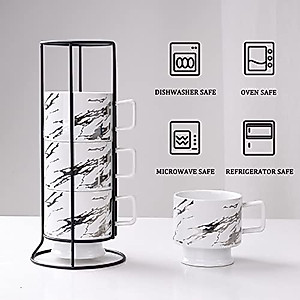 ANTIS'S HOME Stackable Coffee Mugs Set of 4 with Stand, Marble Silver Pattern 10 OZ Ceramic Coffee Mug Set with Rack, Espresso Cups Set Coffee Cup Set for Coffee, Tea, Cocoa, Milk