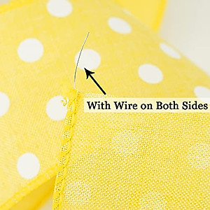 HUIHUANG Yellow Polka Dot Burlap Ribbon Wired Edge Ribbon 2.5 Inch X 10 Yards Summer Lemon Sumflower Wreath Ribbon with Wire for DIY Crafts Party Gift Wrapping Decoration Wreath Bow Home Decoration
