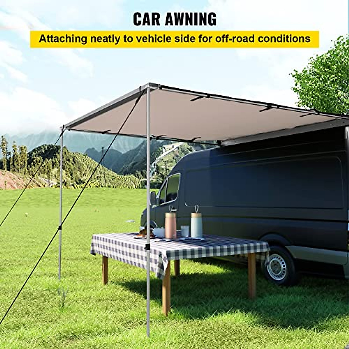 VEVOR Car Side Awning, 6.6'x8.2', Pull-Out Retractable Vehicle Awning Waterproof UV50+, Telescoping Poles Trailer Sunshade Rooftop Tent w/Carry Bag for Jeep/SUV/Truck/Van Outdoor Camping Travel, Sand