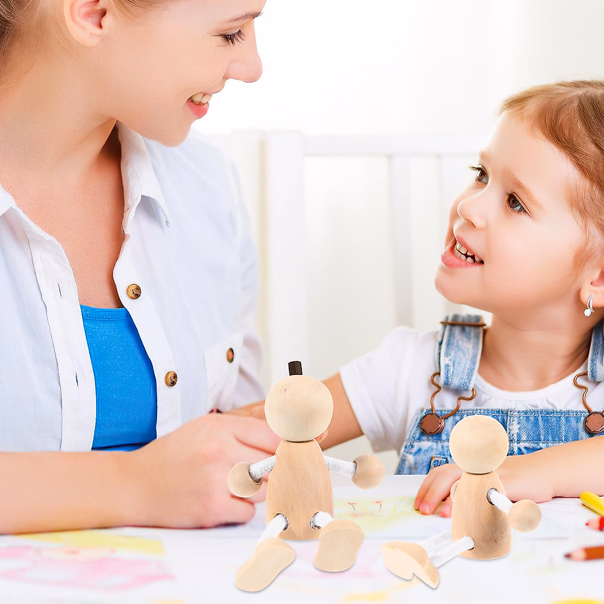 2 Pcs Unfinished Wood Peg Dolls Mini People Doll Robot Wooden Figures Decorative Peg Dolls Toy for Painting DIY Craft Art Projects