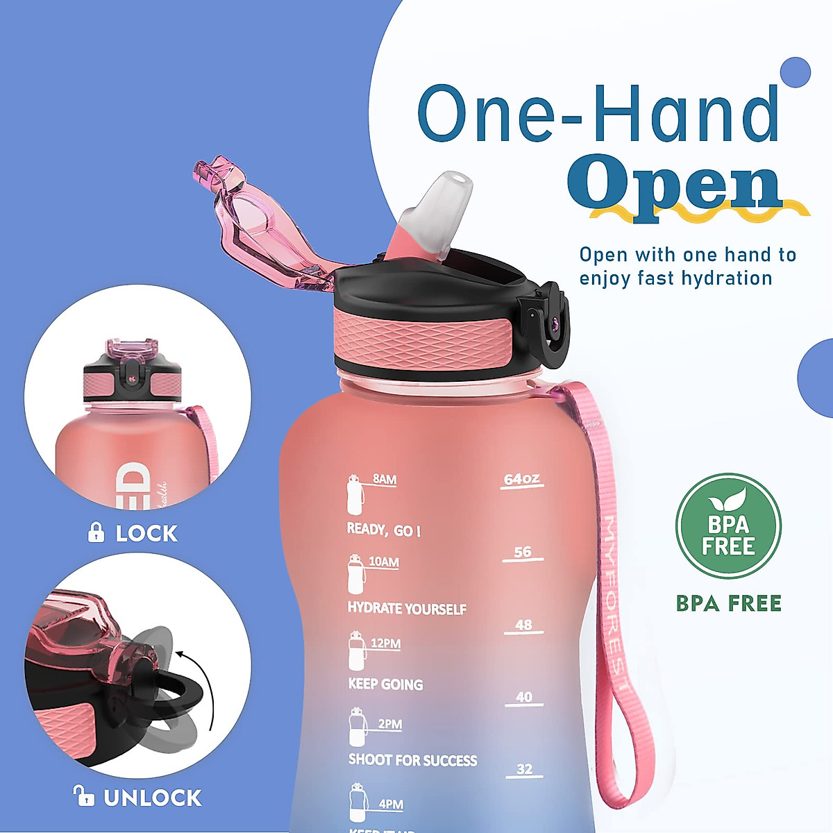 MYFOREST 64oz Water Bottle, Time Marker for Motivational Hydration, Drop-proof, BPA-free, Nozzle/Straw/Carry-Strap/Wide-Mouth for Easy Clean - 1900mL Large Sports Jug