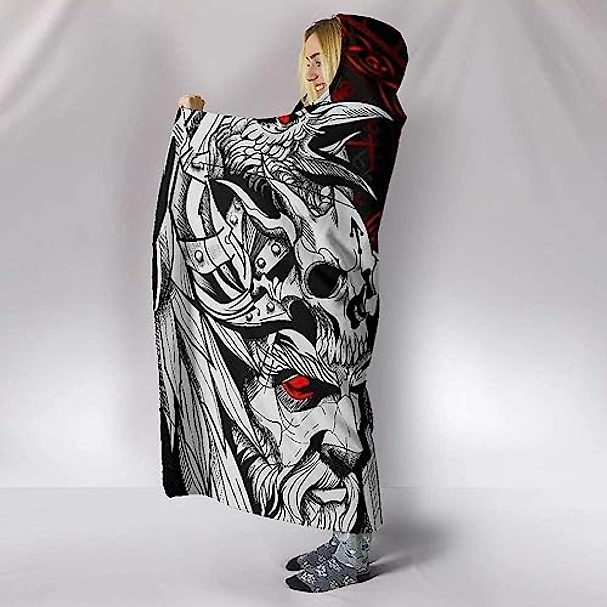 BURNAR Medieval 3D Printing Hooded Blanket Warm Soft Valhalla Skull Crow Totem Unisex Winter Wearable Hooded Blanket Double Thick Plush Wool Blanket Cape (Color : Blanket, Size : 80x60in/150x200cm)