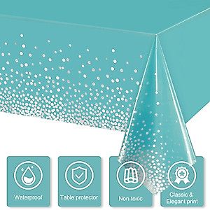 3 Pieces Teal Blue and Silver Dot Tablecloth Plastic Confetti Rectangle Disposable Table Cover for Birthday Wedding Baby Shower Engagement Anniversary Bachelorette Party, 54 x 108 Inch