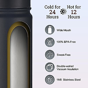 Mininoo 24 oz Insulated Water Bottle with Straw, Stainless Steel Double Wall Vacuum Thermos with Straw Lid & Chug Lid, Leak Proof, BPA Free, Keep Cold for 24H & Hot for 12H(Black)
