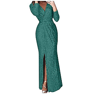 Sexy Long Sleeve Dress for Women, Sundresses Women Casual Beach HOCO Dress T Shirt Dresses Knee Length Women's Dress Deep V-Neck Sparkling Evening Dress Wedding Guest Casual (XXL, Green)