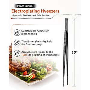 Kitchen Tweezers Fine Tweezer Tongs For Cooking, Black Stainless Steel Food Tweezers, Multi-function Precision Serrated Tips Cooking Tongs Kitchen Serving Tong (Black, 10 inch)