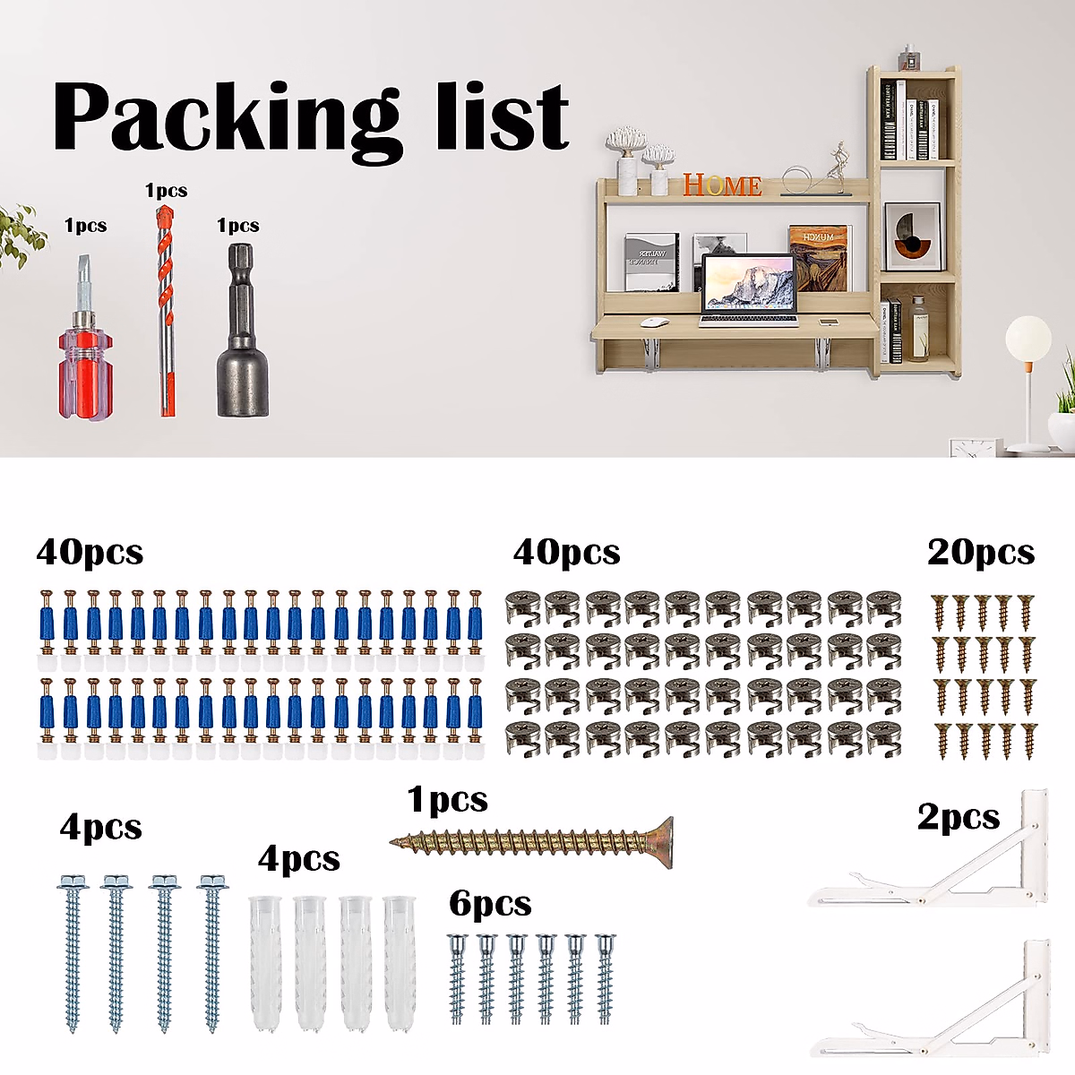 Pmnianhua Floating Desk,41''Wall Mounted Table Folding Fold Down Laptop Computer Desk with Storage Shelves for Wall Bedroom Small Space (Natural)