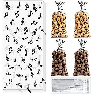 Kosiz 100 Pieces Music Notes Cellophane Goodie Bags Musical Theme Treat Bags Plastic Musical Party Candy Bags with Silver Twist Ties for Band Birthday Party Favor Supplies Dessert Pastry Decoration