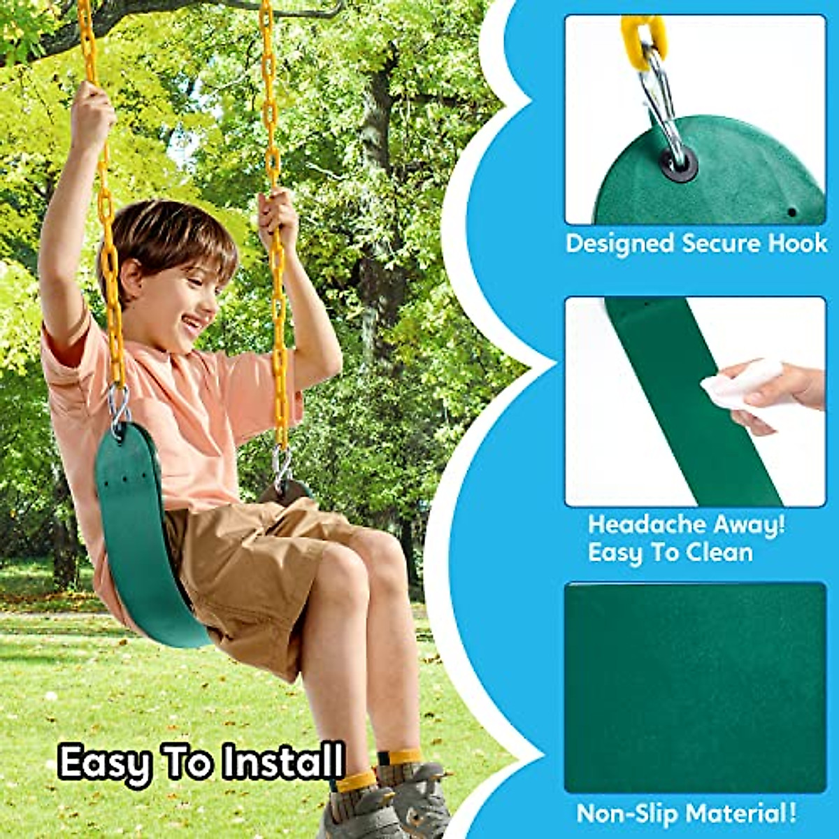 TURFEE Heavy Duty Swing Seat Green Color with 66” Chain, Swing Set Accessories Replacement with Snap Hooks for Kids Outdoor Play Playground Trees, Swing Set