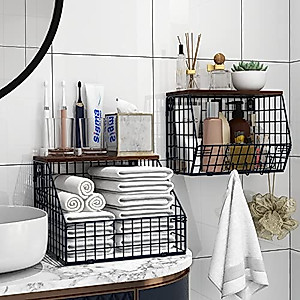 Mefirt Fruit Basket, Enlarged 2-Tier Kitchen Organization Wire Basket with Wood Lid, Stackable Wall-mounted & Countertop Tiered Storage Baskets for Potato Storage, Onion Storage, Snack Onganizer etc