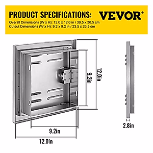 VEVOR Vented Access Door 12x12in Single Access Door with Vents, 304 Stainless Steel Outdoor Cooking Doors, Flush Mount Vented Utility Door with Lock, Beveled Frame Access for BBQ Island Grill Kitchen