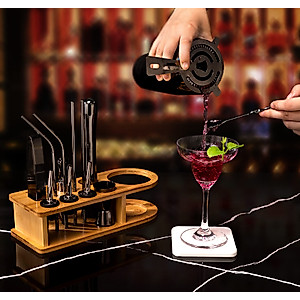17 Pieces Cocktail Shaker Set with Bamboo Stand,Gifts for Men Dad Grandpa,Stainless Steel Bartender Kit Bar Tools Set,Home, Bars, Parties and Traveling (Bamboo Wood Black)