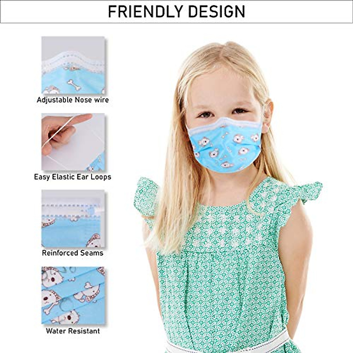 Hannah Linen Kids Disposable Face Masks - 50 Pieces Pack - 3 PLY, Breathable & Comfortable - For Daily Use - Indoor & Outdoor (50, Blue Design)