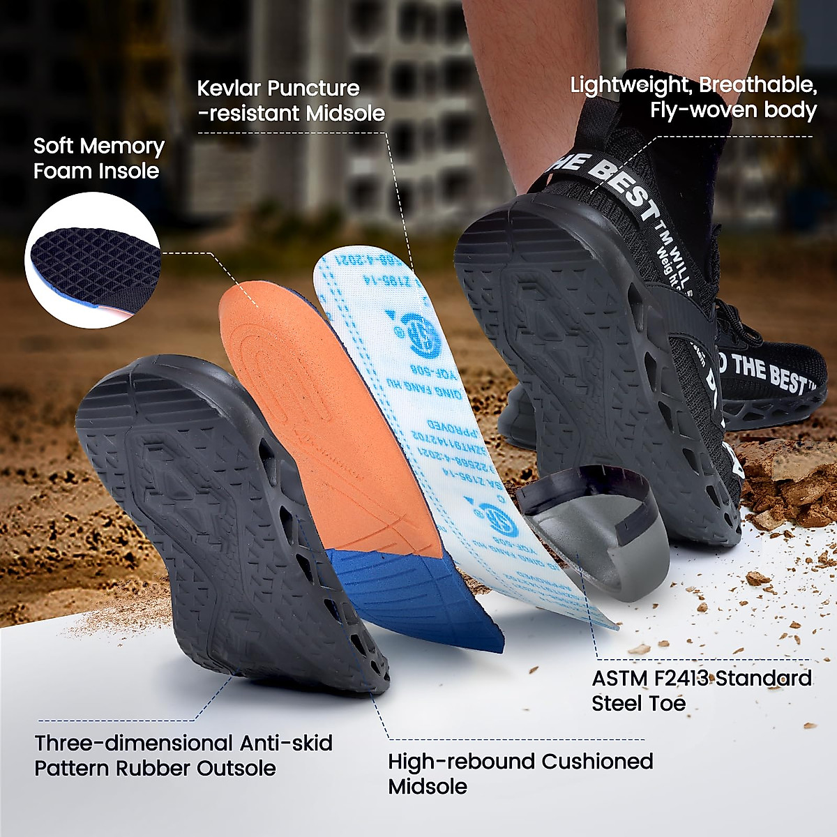 Furuian Steel Toe Shoes for Women Men Lightweight Steel Toe Sneakers for Women Puncture Proof Comfortable Safety Shoes Black