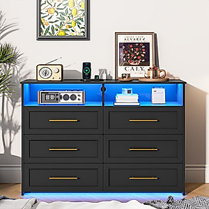 VIAGDO 6 Drawers Dresser for Bedroom with Charging Station & LED Lights, 47.2" Wide Wood Chest of Drawers with Metal Handle, Black Storage Dresser for Closet Bedroom Living Room, Open Storage Cubby