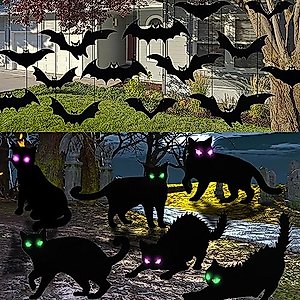 Hanging Bats Halloween Decorations Outdoor - 20 Pack Large Flying Bats 5 Different Size, 6 Pack Halloween Black Cat Yard Signs with Lights, Thickened Halloween Decor Outdoor Yard SignsHalloween Decora
