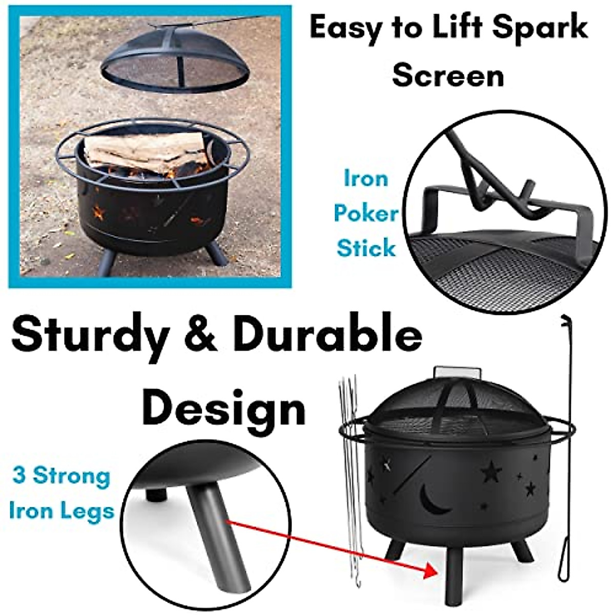 BIRDROCK HOME 30" Round Patio Fire Pit with Cover - Stars & Moon Pattern - 30 - Outdoor Backyard Lawn Garden - Light Weight Metal Fire Ring - 4 Roasting Sticks - Lid Lift Tool and Fire Poker