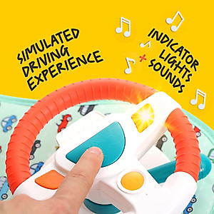 BETTERLINE Baby Car Seat Toy for Infants and Toddlers, Interactive Driving Steering Wheel with Lights, Music and Mirror, Realistic Driving Sounds - Can use for Stroller or Playpen, Adjustable Strap
